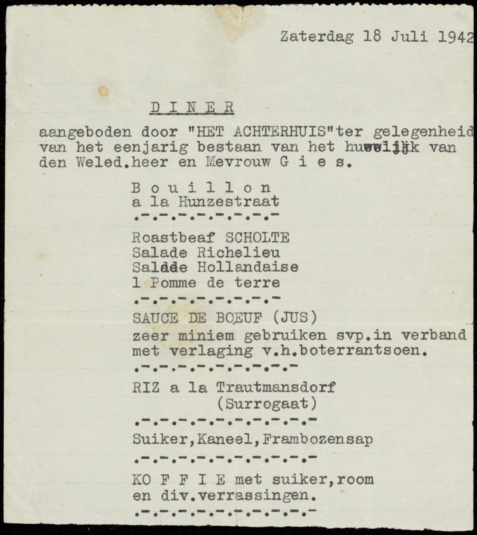 Menu ‘Dinner’ | Anne Frank House